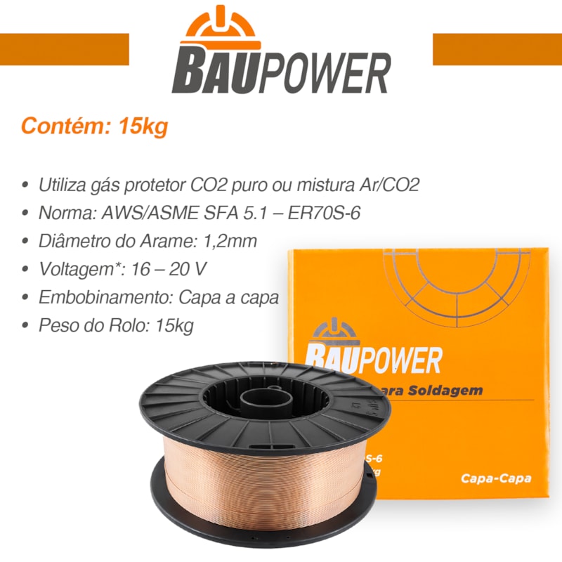 ARAME MIG/MAG 1,2 MM, CP-CP, 15 KG, ER70S-6 KG COM 15 KG - Baupower